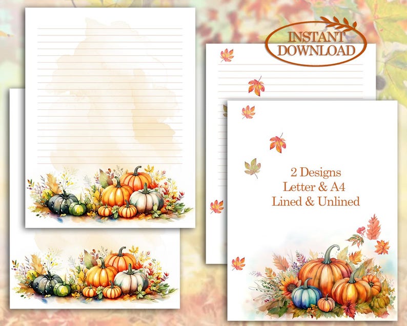 Autumn Pumpkins Printable Stationery: Instant Download. US Letter and ...