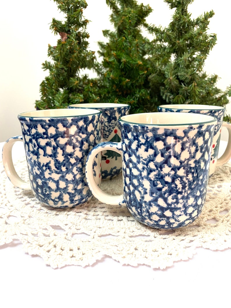 Vintage Cabin in the Snow Folk Craft Spongeware Mugs, Set of 4 - Etsy