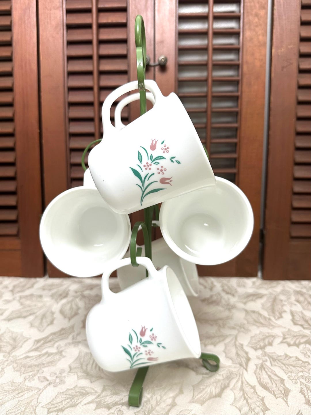 Vintage Corningware Pink Tulips Rosemarie Cups Set of 6 W Green Cup ...