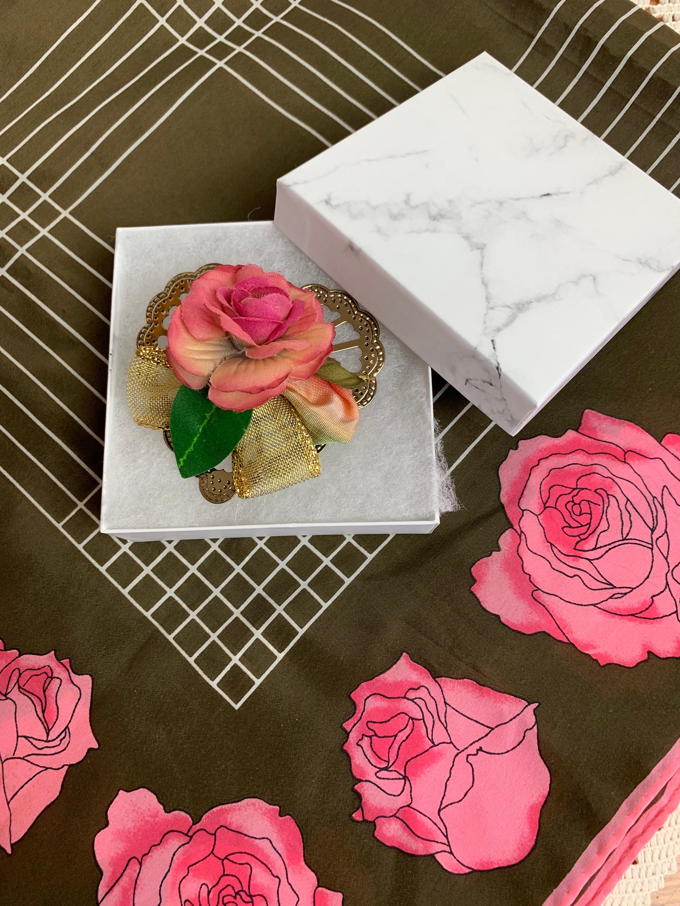 Pink Roses Scarf with Matching Pink Rose Brooch | Etsy