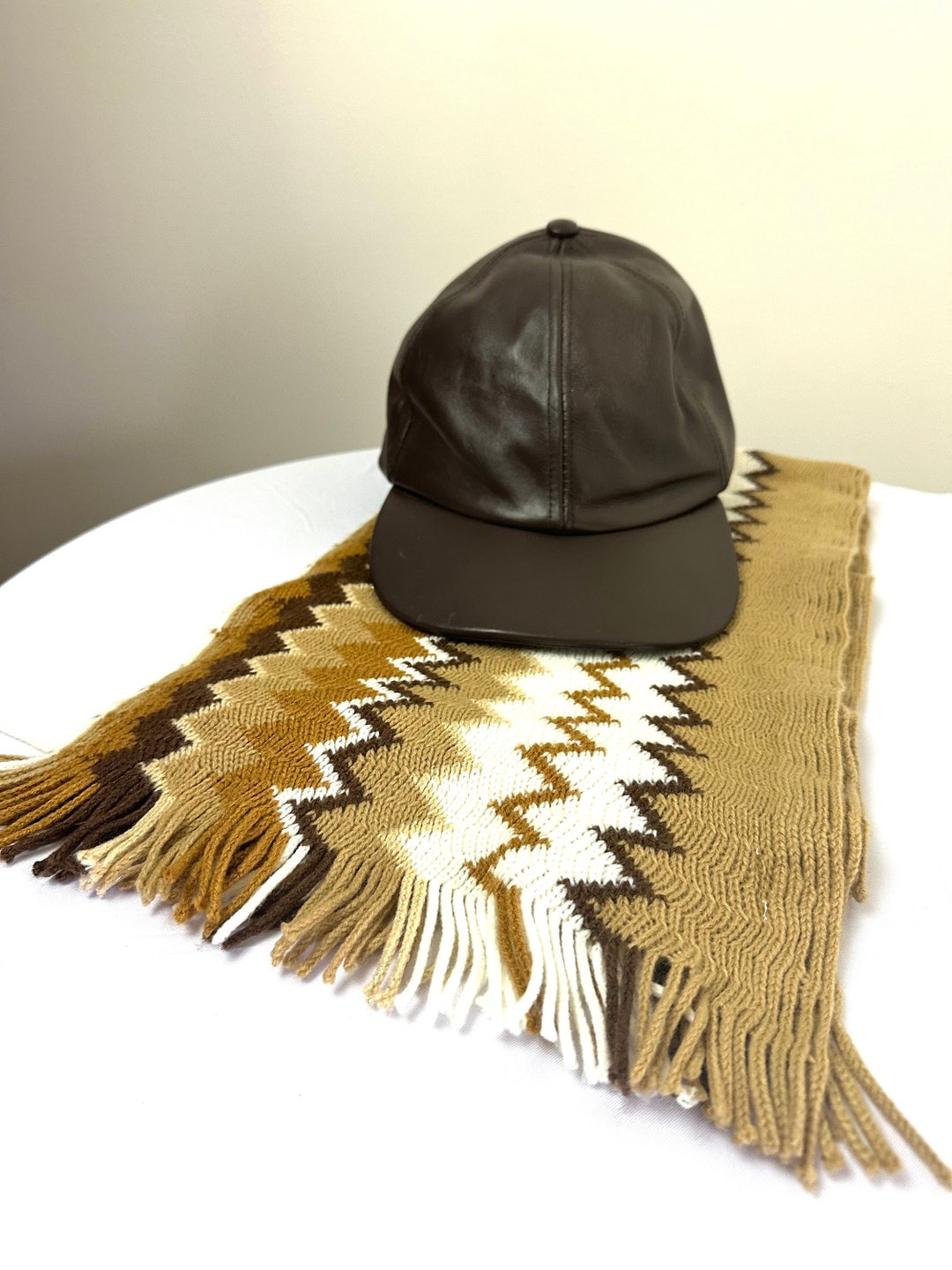 Vintage Capas Brown Leather Cap and Multicolor Scarf - Etsy