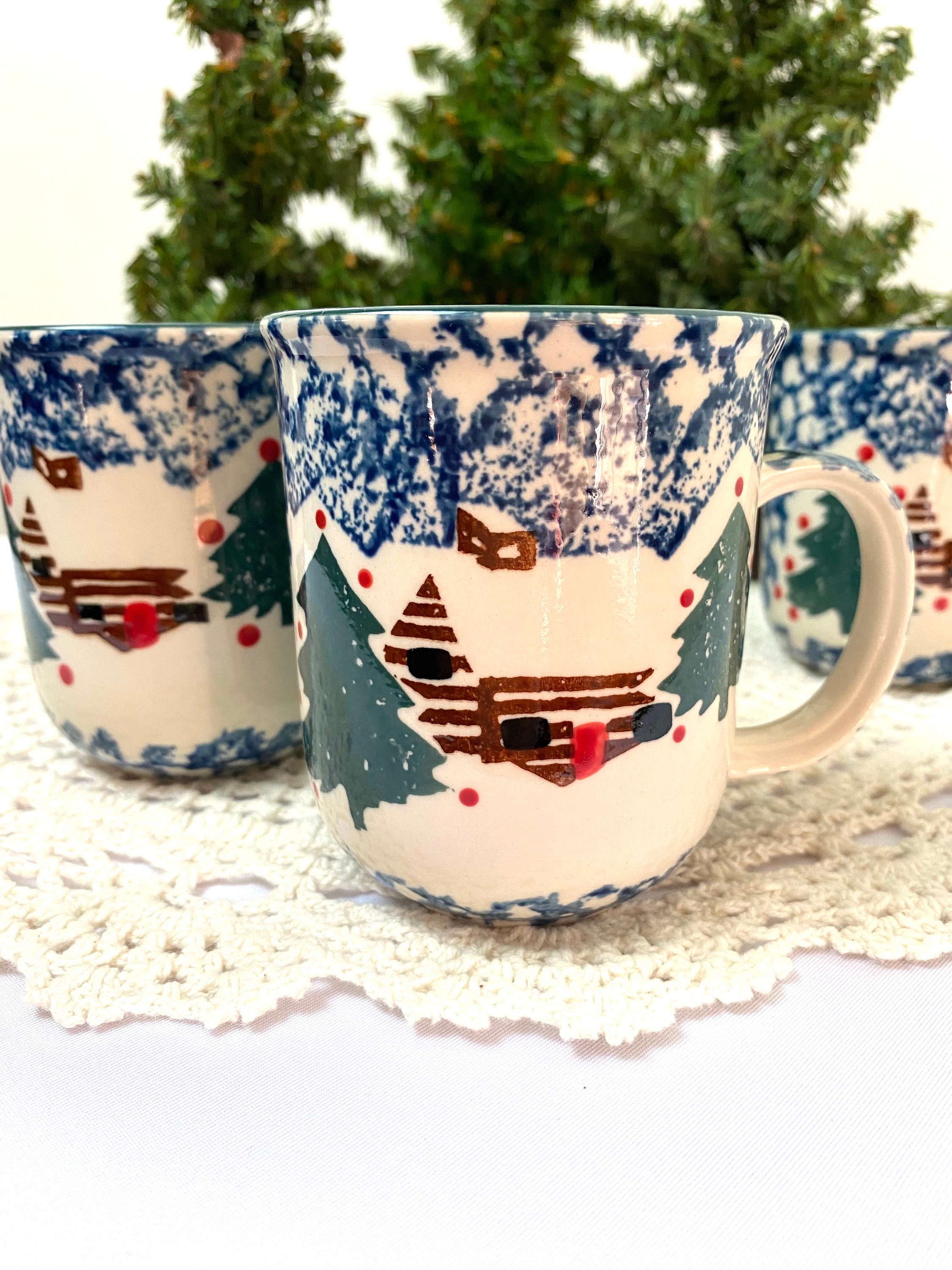 Vintage Cabin in the Snow Folk Craft Spongeware Mugs, Set of 4 - Etsy