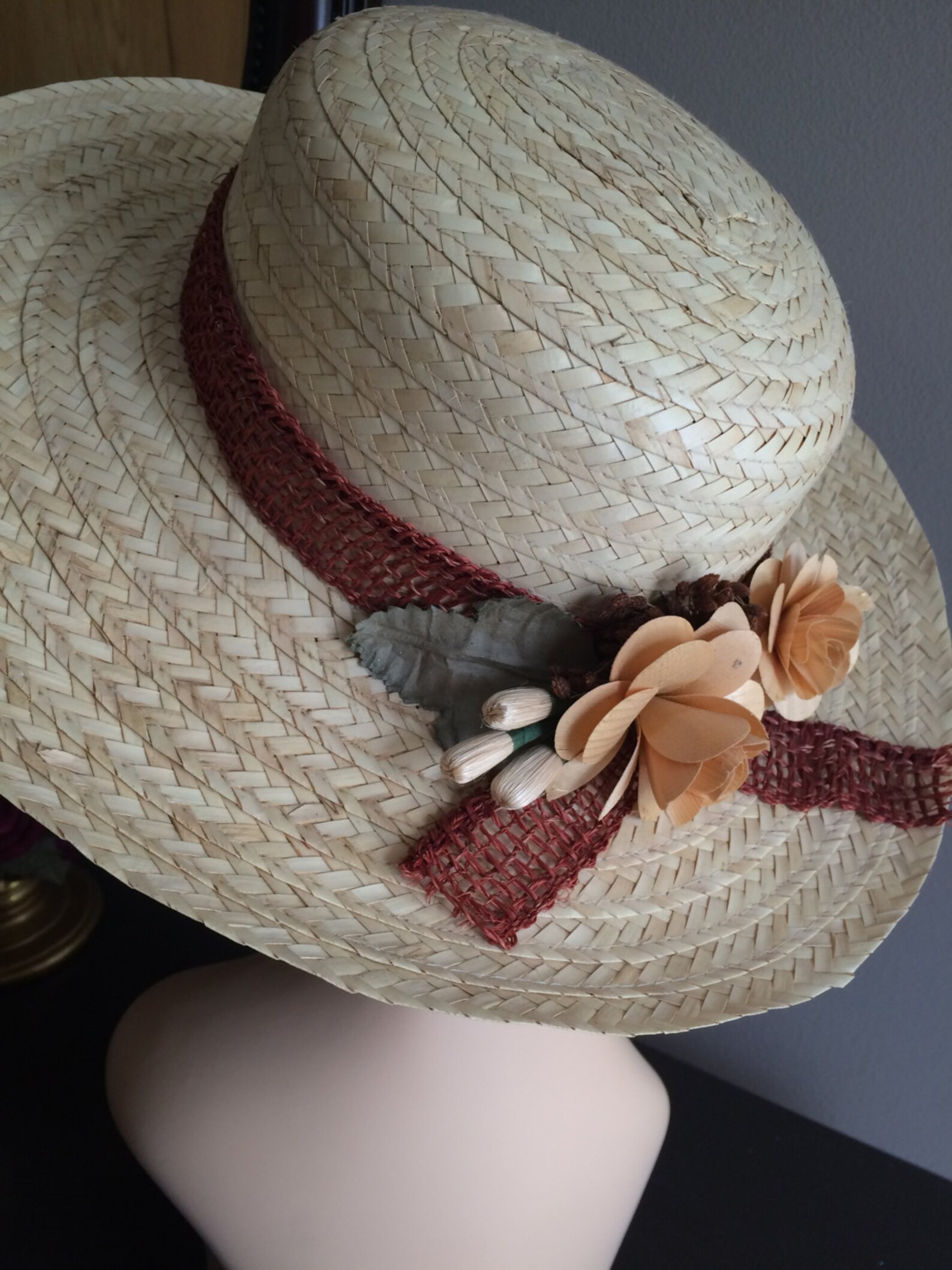 Vintage Wide Brim Straw Hat With Carved Wooden Flowers - Etsy