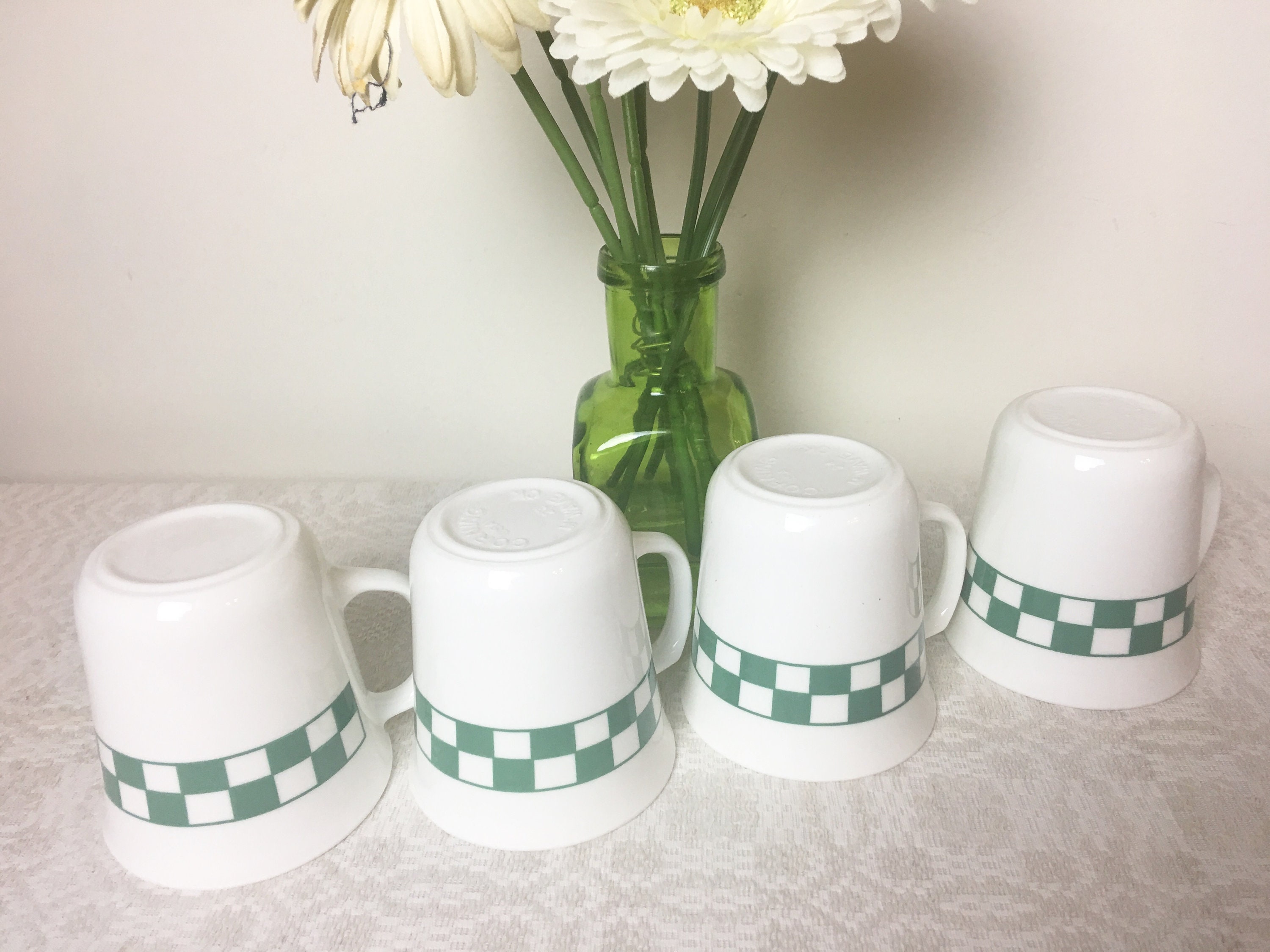 Corningware Cups, Pattern Melissa, Green and White Checked Band, Set of ...