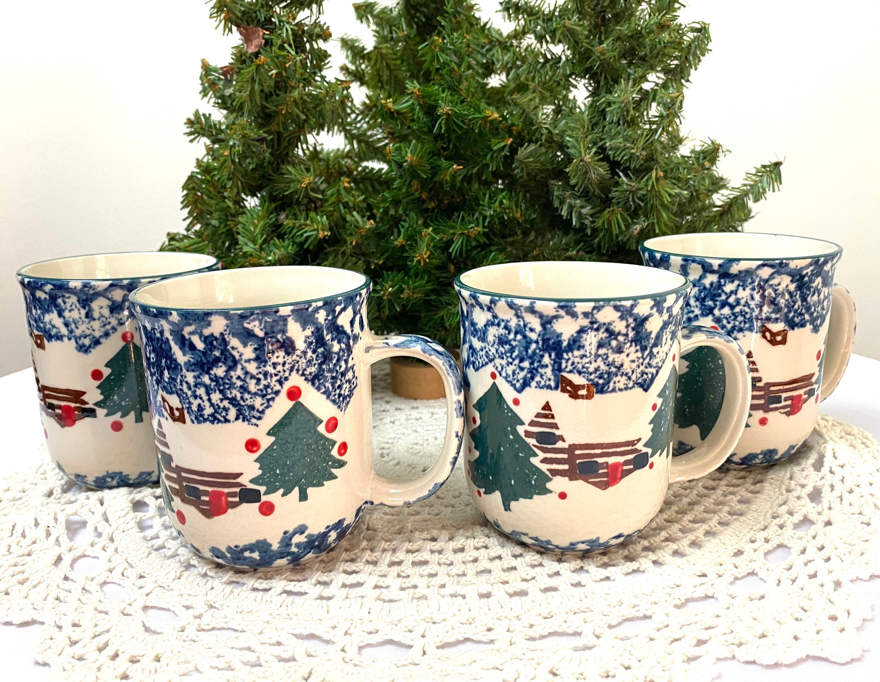 Vintage Cabin in the Snow Folk Craft Spongeware Mugs, Set of 4 - Etsy