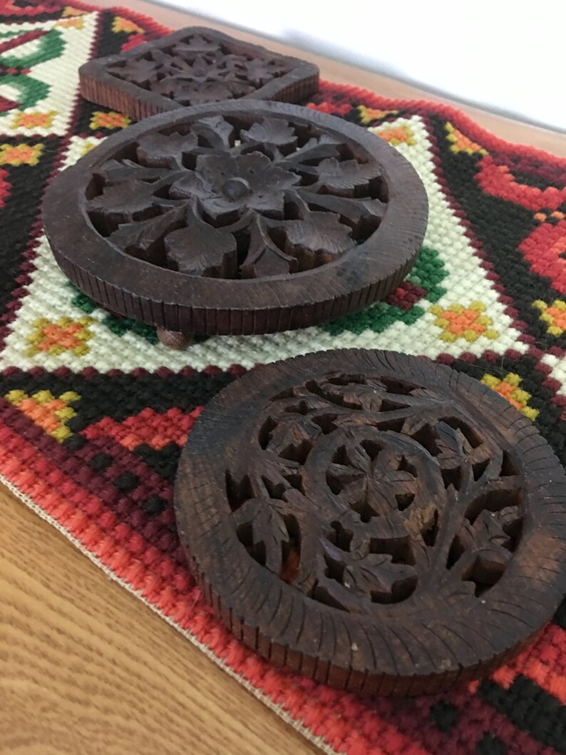Vintage Hand Carved Trivets Set of 3 Made in India | Etsy