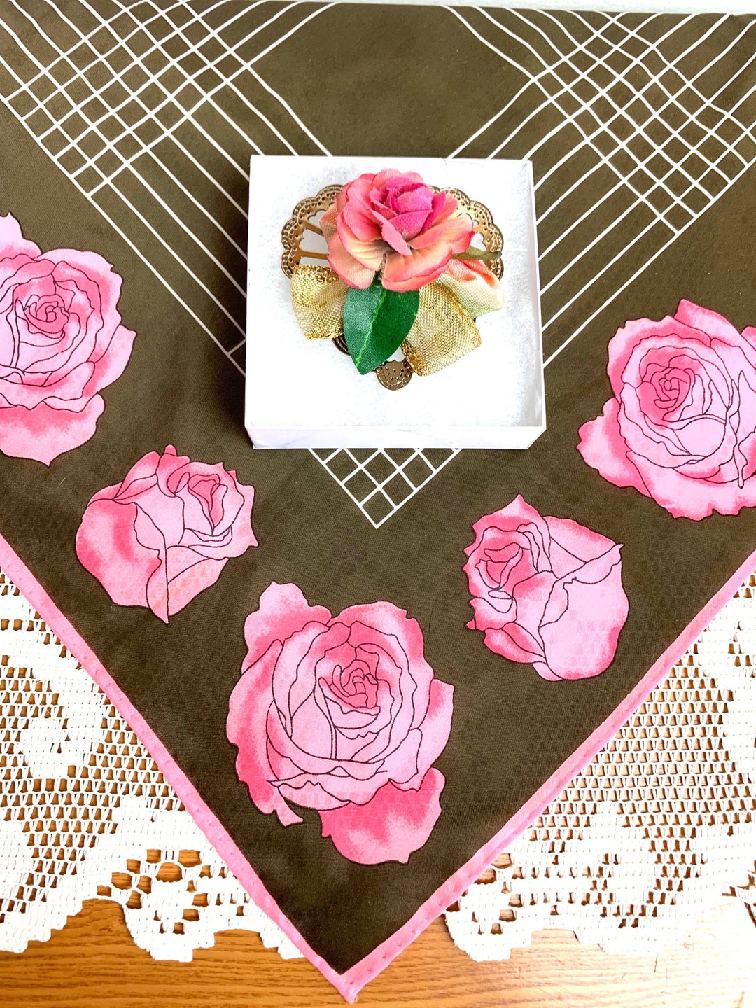 Pink Roses Scarf With Matching Pink Rose Brooch - Etsy