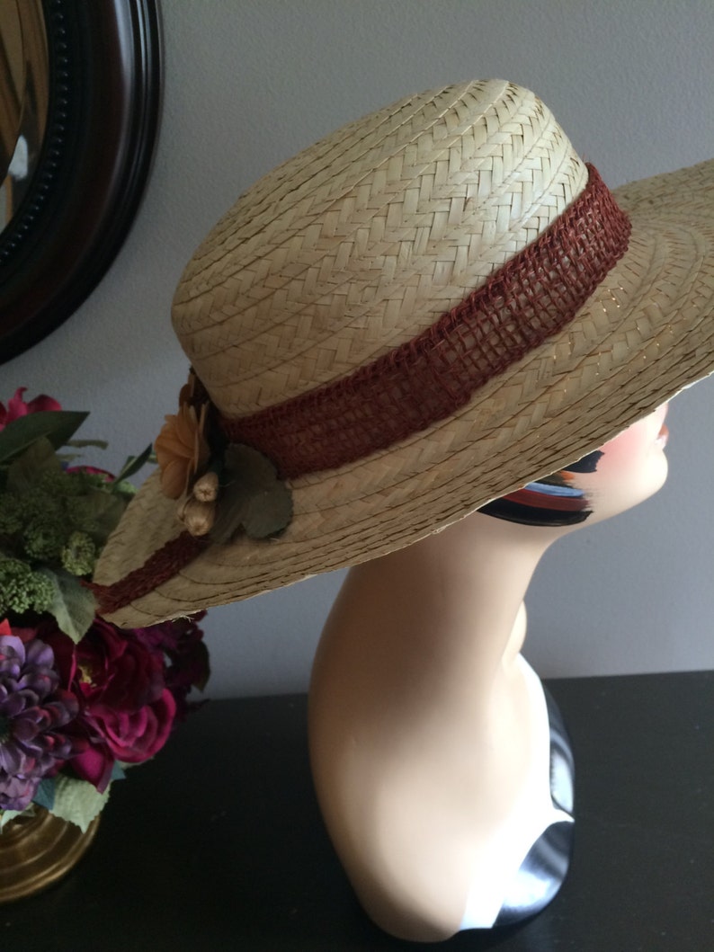 Vintage Wide Brim Straw Hat with Carved Wooden Flowers | Etsy