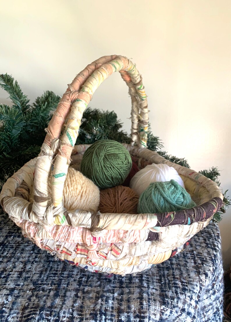 Vintage Coiled Rag Basket Double Handled Heart Shaped - Etsy