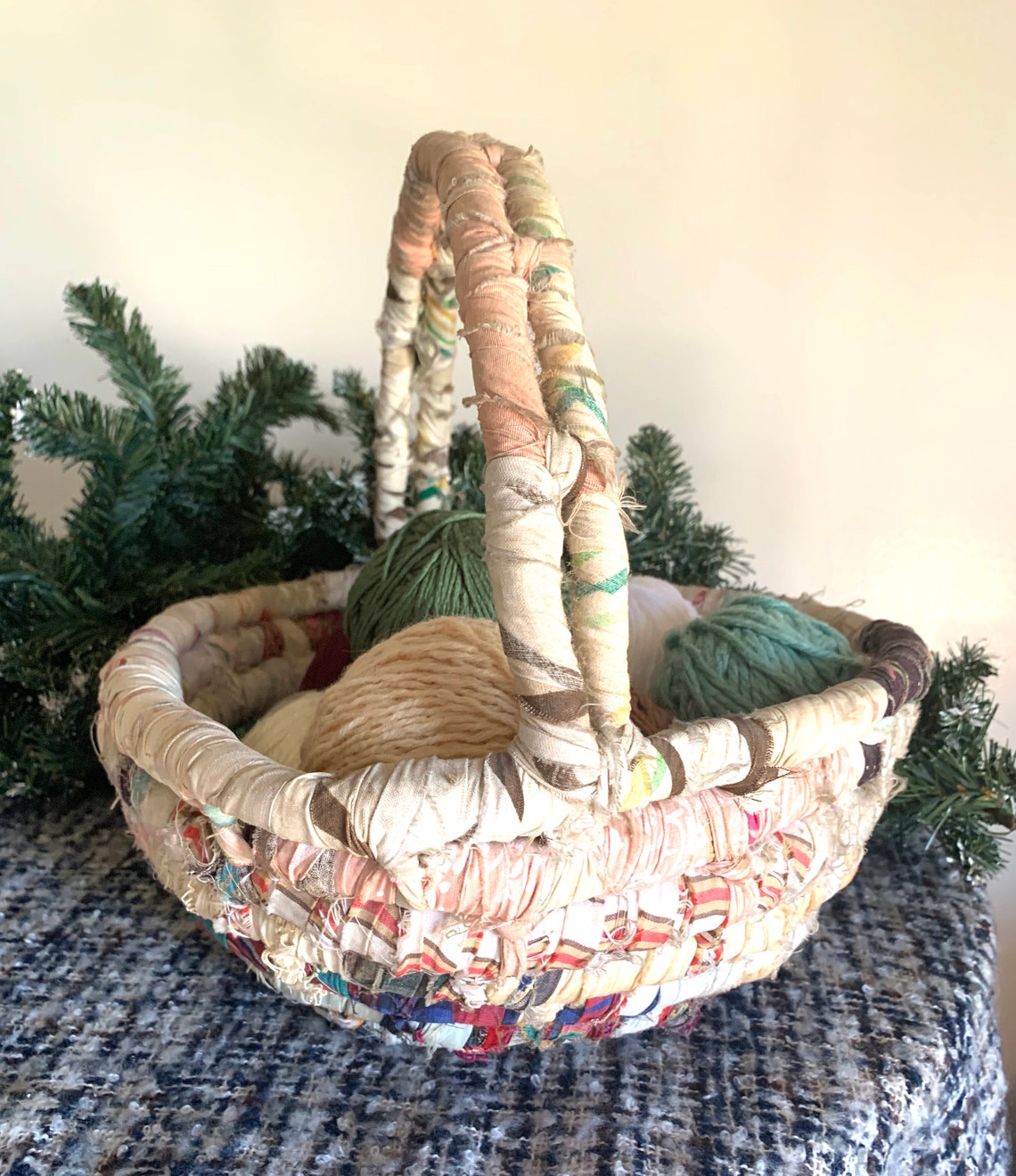 Vintage Coiled Rag Basket Double Handled Heart Shaped - Etsy