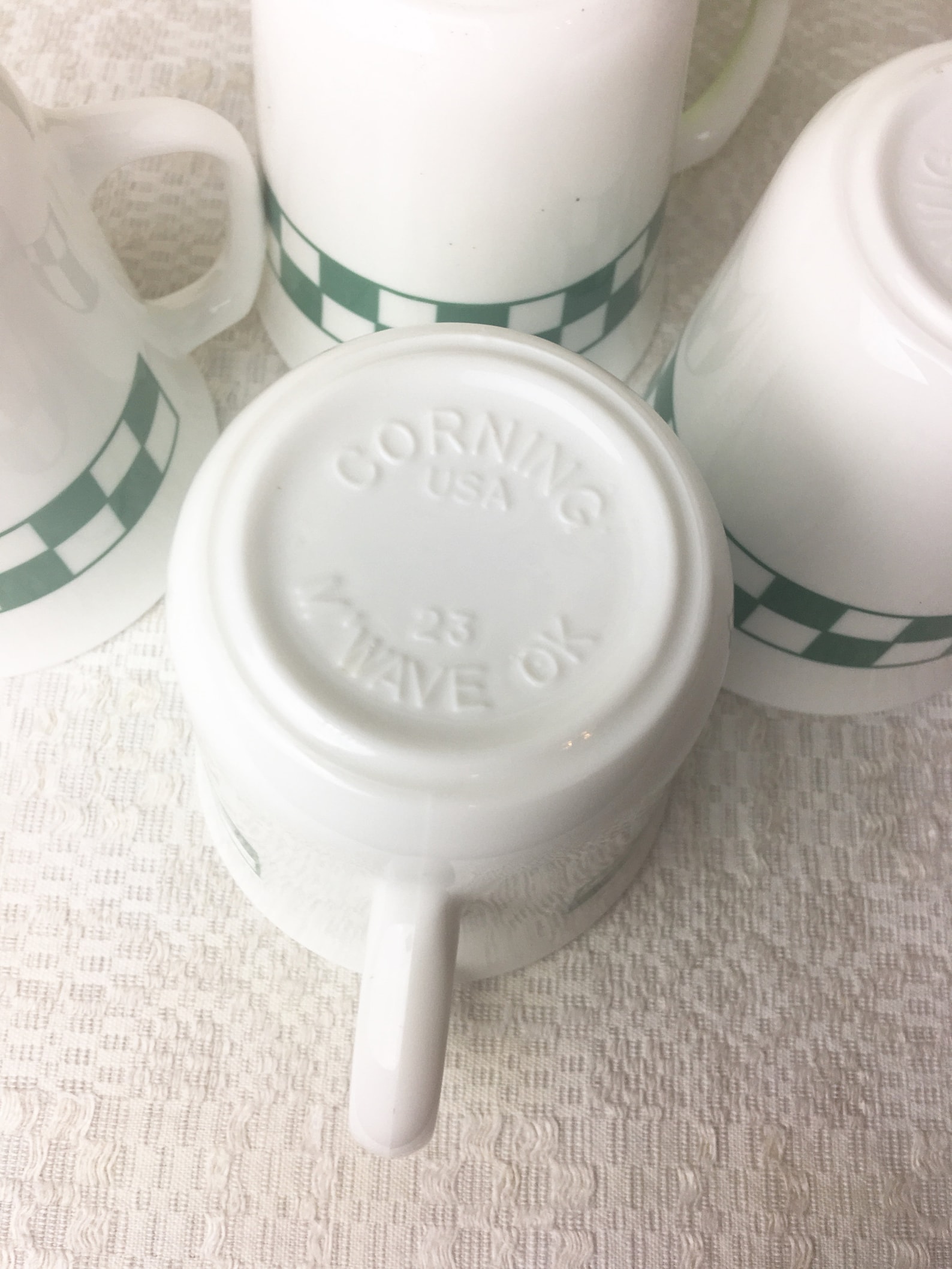Corningware Cups, Pattern Melissa, Green and White Checked Band, Set of ...