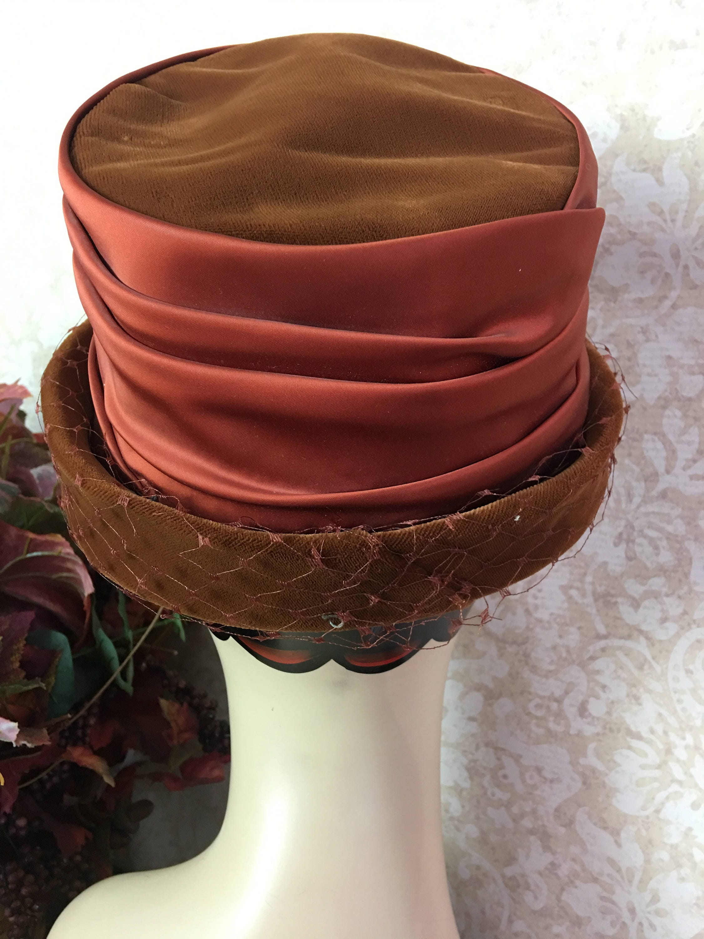 Vintage Beehive Hat Velvet and Satin w/Netting | Etsy