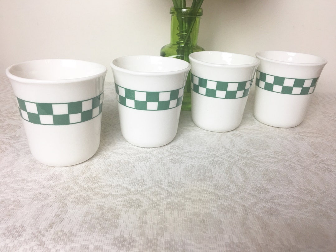 Corningware Cups, Pattern Melissa, Green and White Checked Band, Set of ...