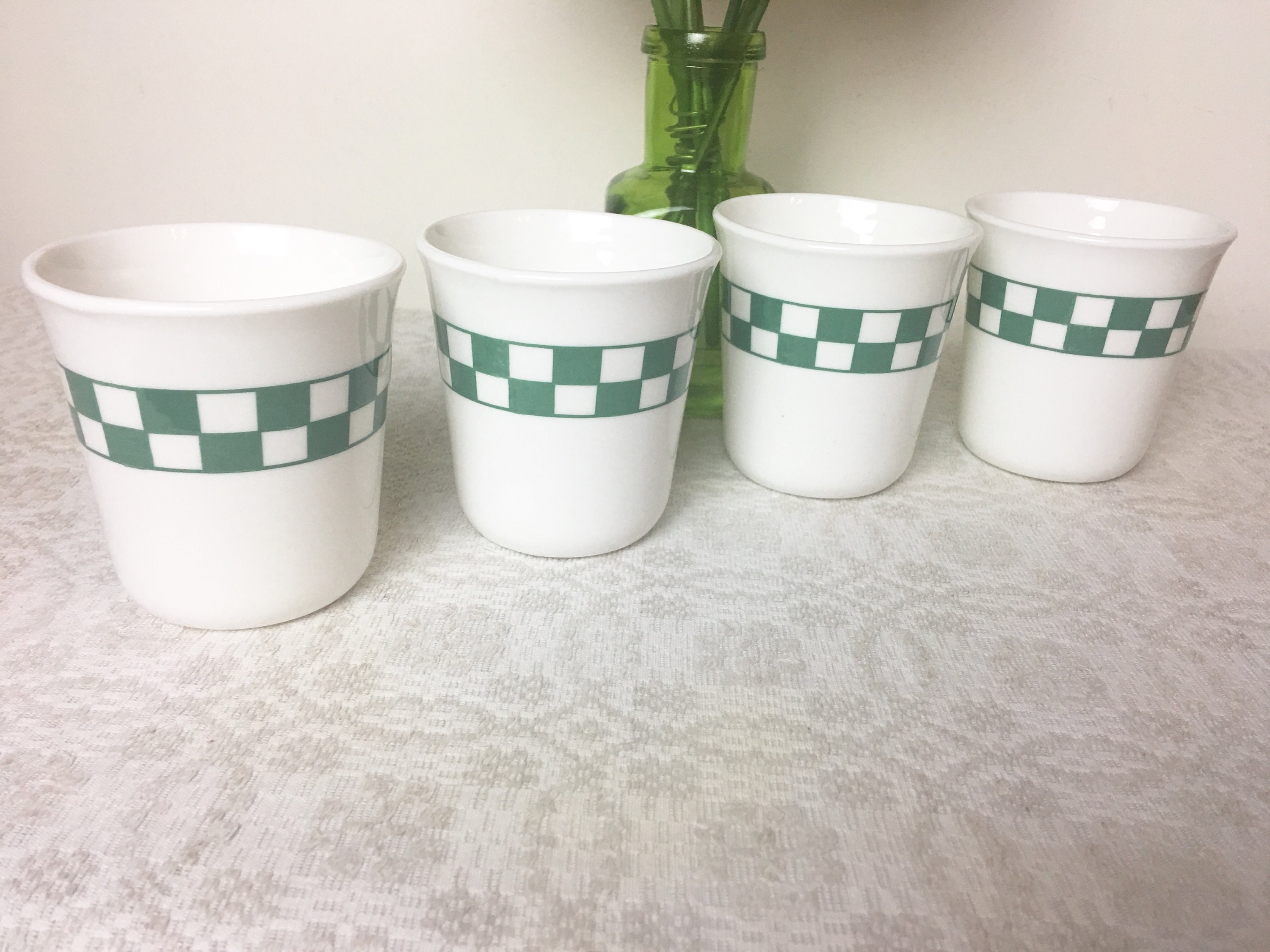 Corningware Cups, Pattern Melissa, Green and White Checked Band, Set of ...