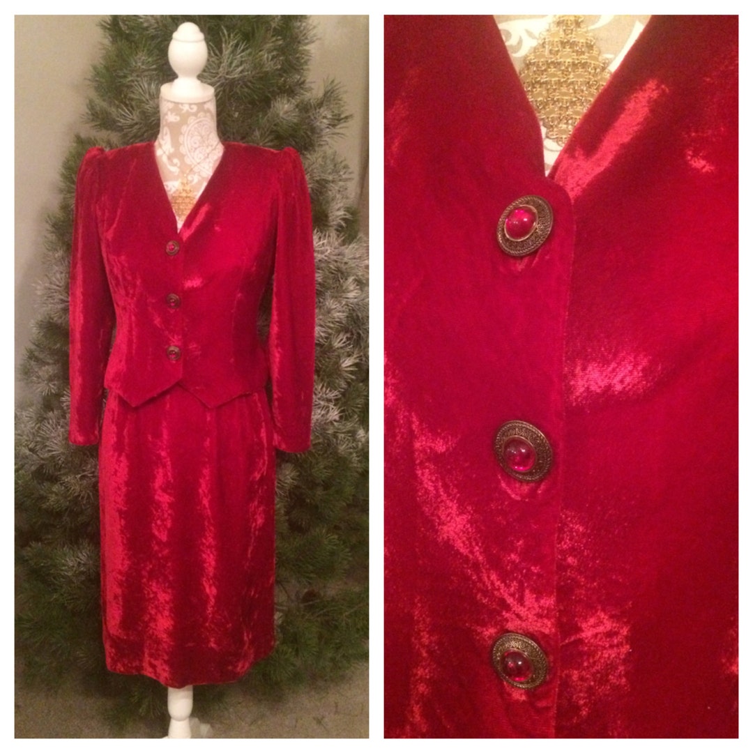 Vintage Red Velvet Jacket and Skirt, Size S - Etsy