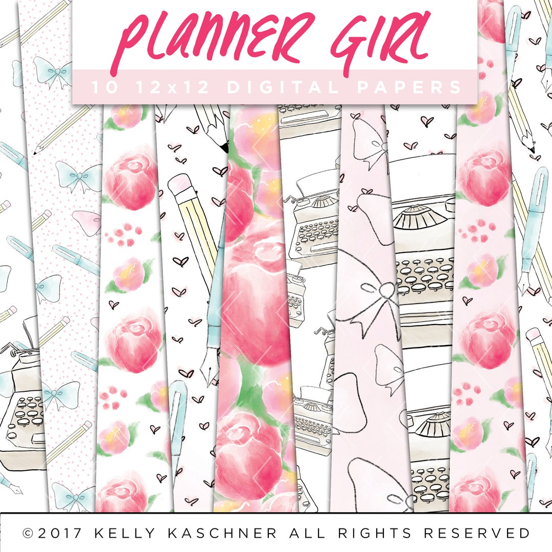 Planner Girl Collection Digital Papers // Typewriter Girly Agenda ...