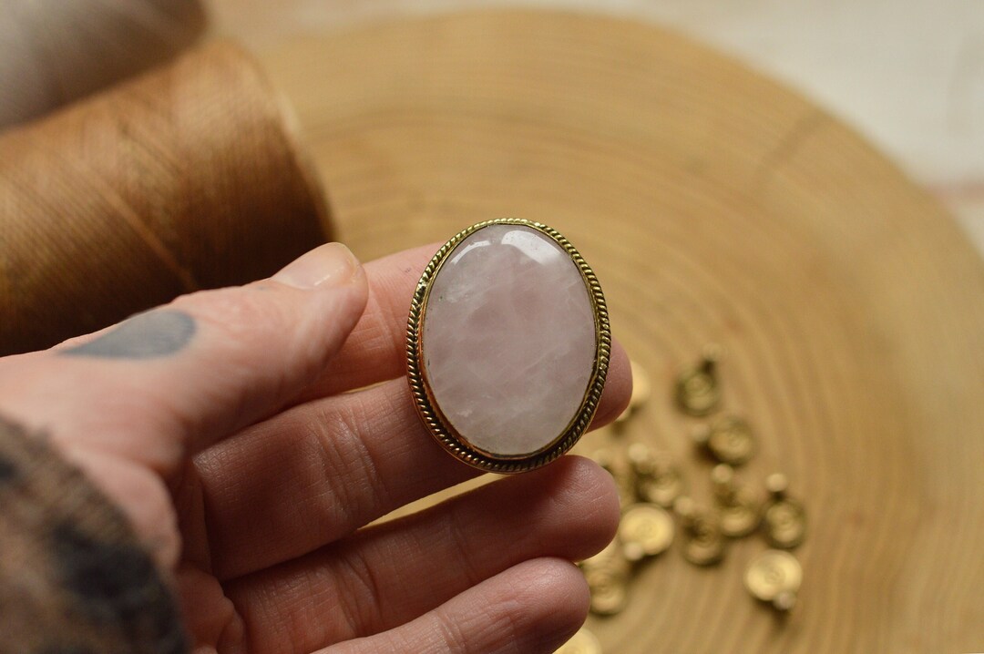 35 X 25 Mm, Large Grooved Oval Rose Quartz Cabochon Set in Brass. High ...