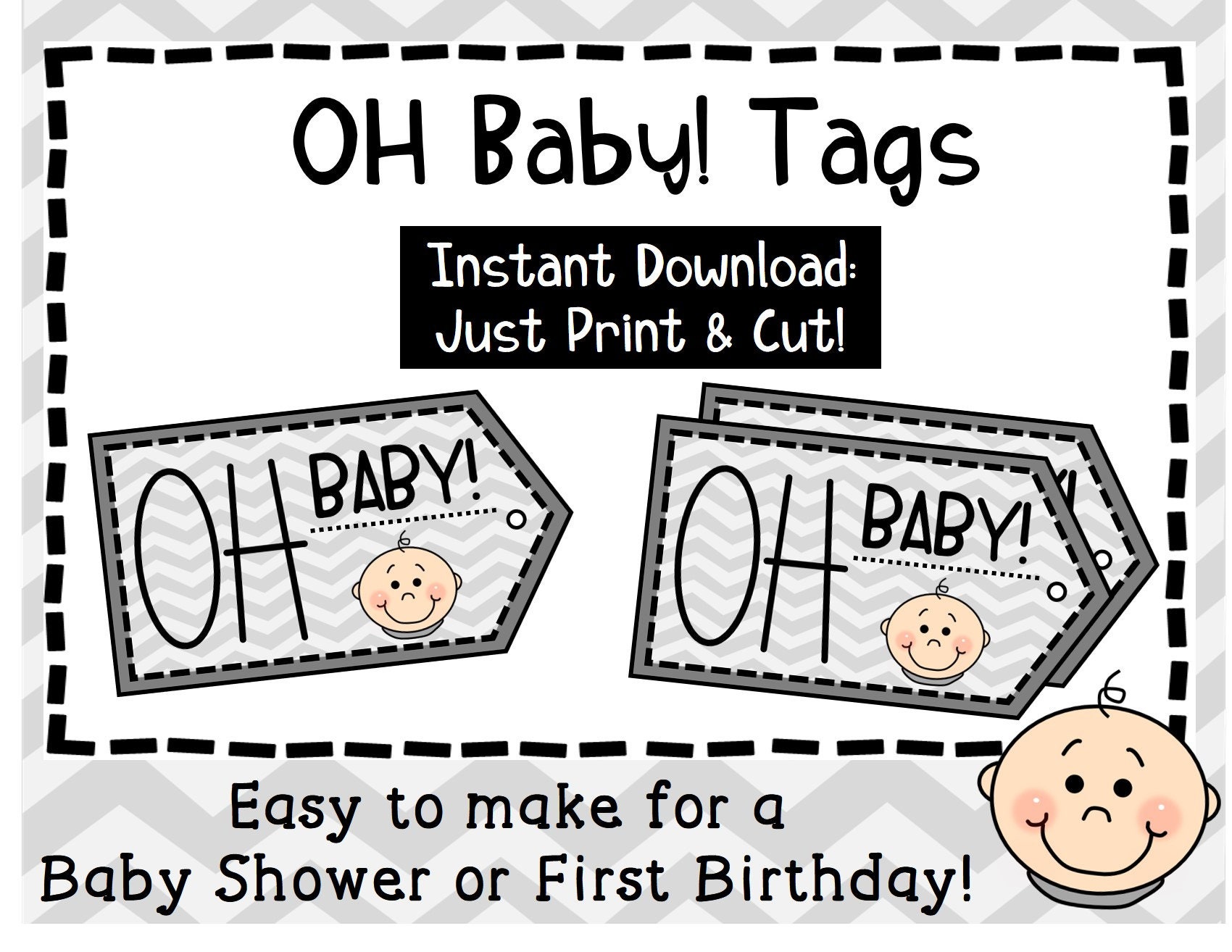 Printable Baby Tags - Gray Baby Tags - First Birthday Favors - Instant ...