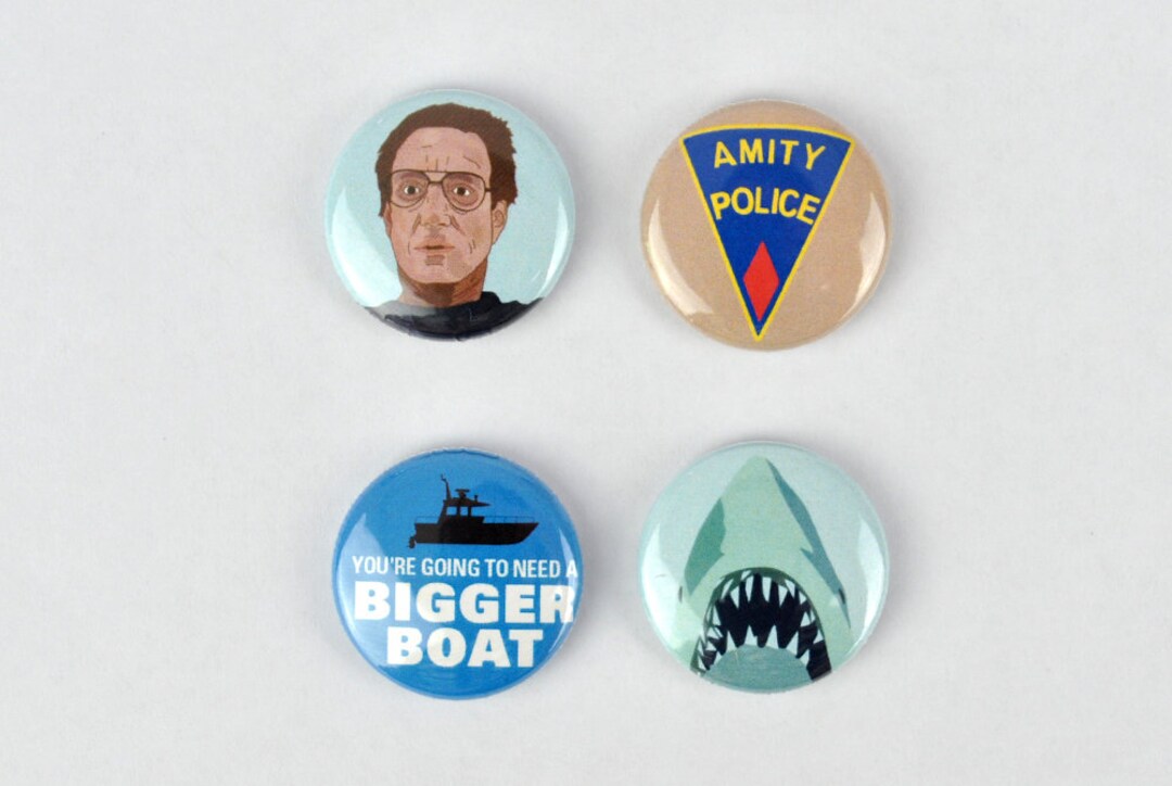 Jaws Badges, Buttons, Roy Scheider, Steven Spielberg, Great White Shark ...