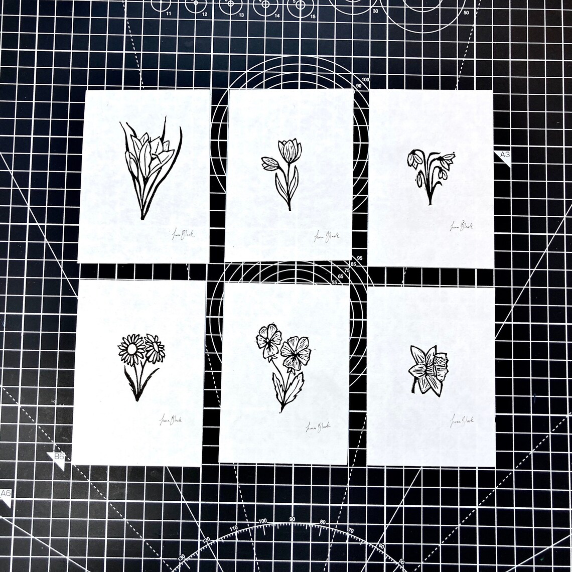 Set of Six Mini Lino Print Flowers - Etsy