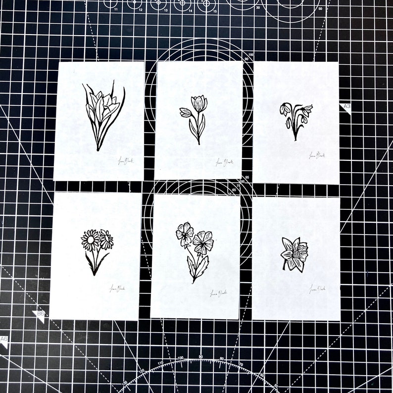 Set of Six Mini Lino Print Flowers - Etsy