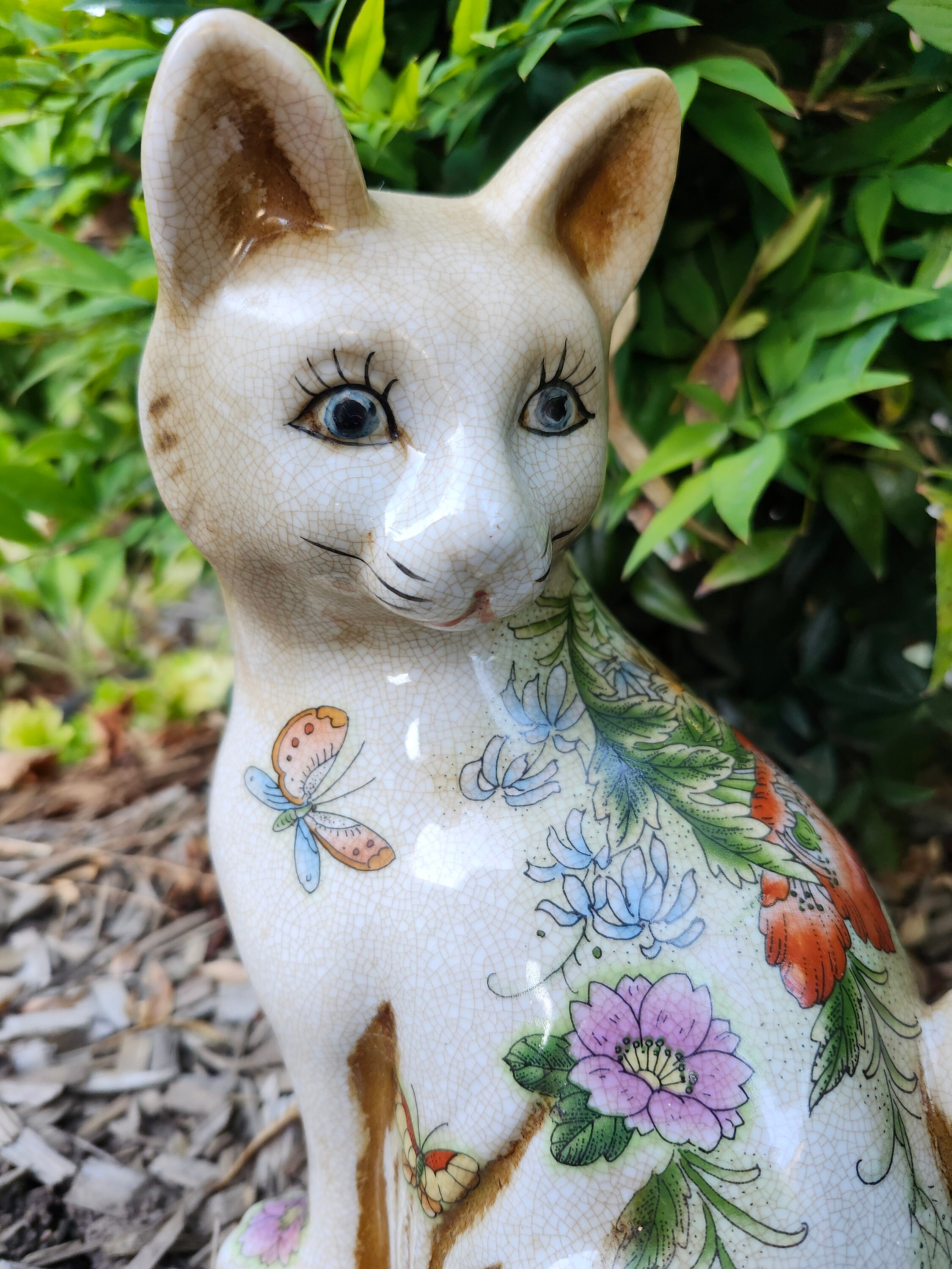 Ceramic Cat Statue With Crackle Glaze and Flowers in Red, Gold, Light ...