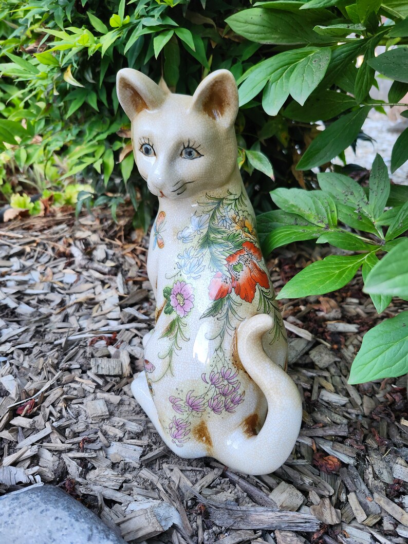 Ceramic Cat Statue With Crackle Glaze and Flowers in Red, Gold, Light ...
