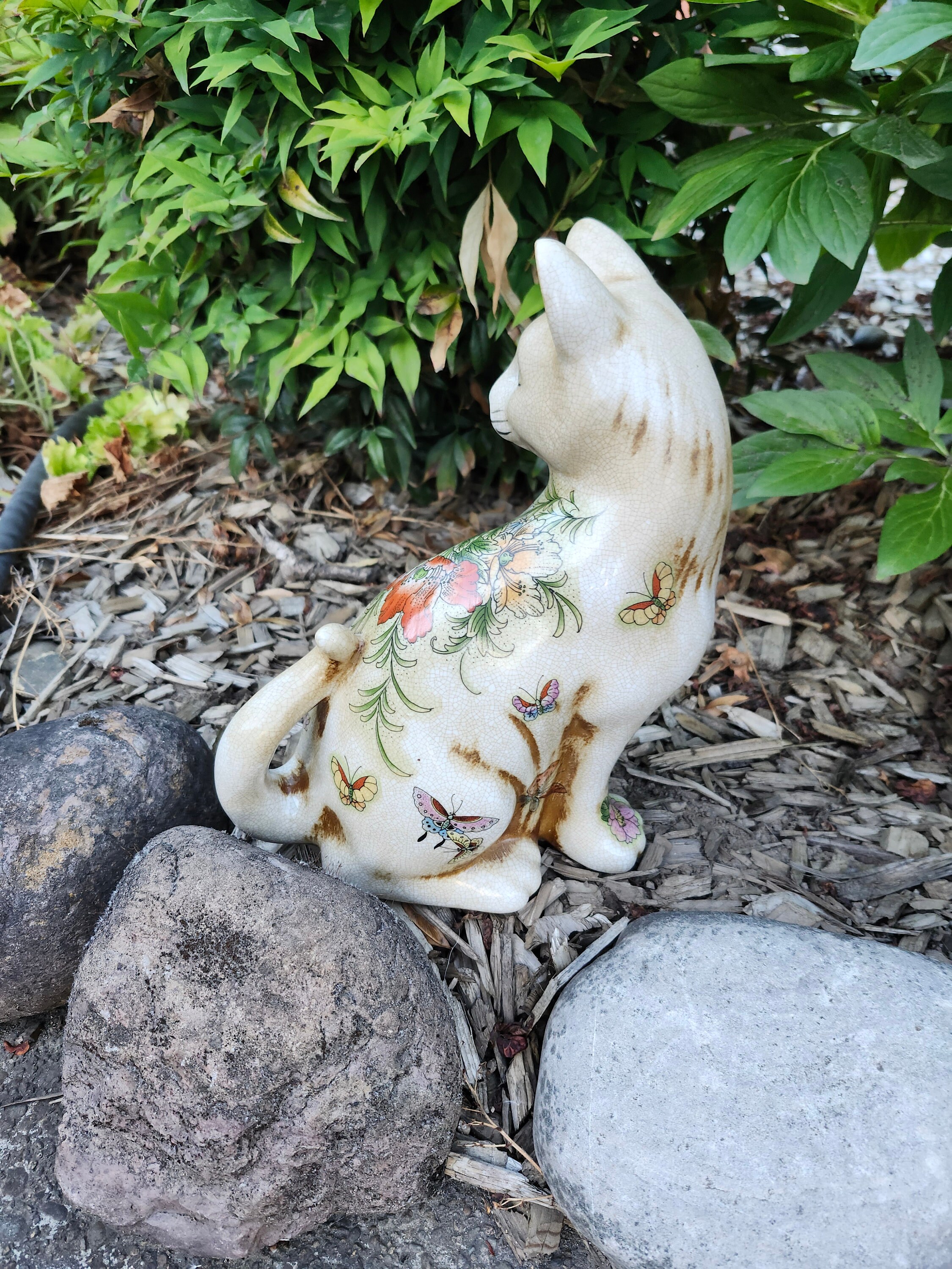 Ceramic Cat Statue With Crackle Glaze and Flowers in Red, Gold, Light ...