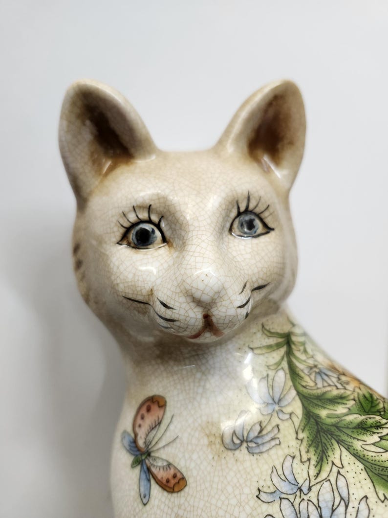 Ceramic Cat Statue With Crackle Glaze and Flowers in Red, Gold, Light ...