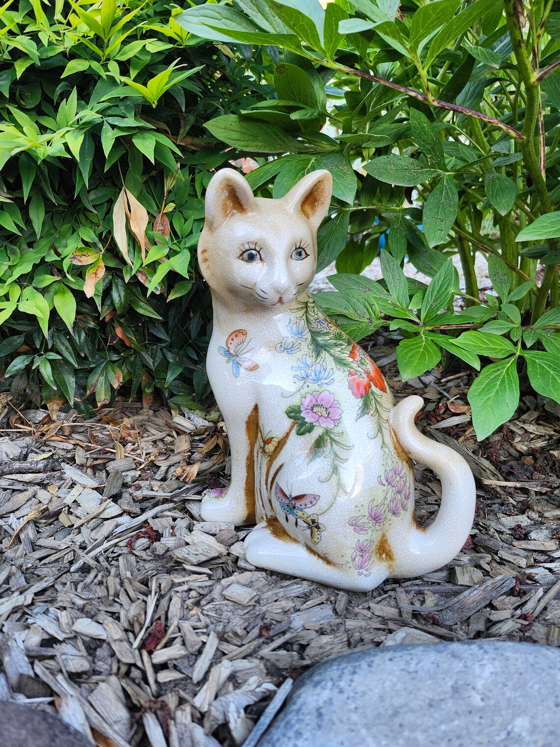 Ceramic Cat Statue With Crackle Glaze and Flowers in Red, Gold, Light ...