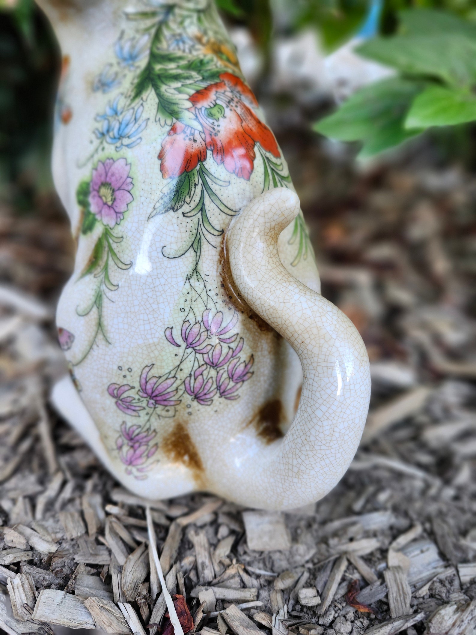 Ceramic Cat Statue With Crackle Glaze and Flowers in Red, Gold, Light ...