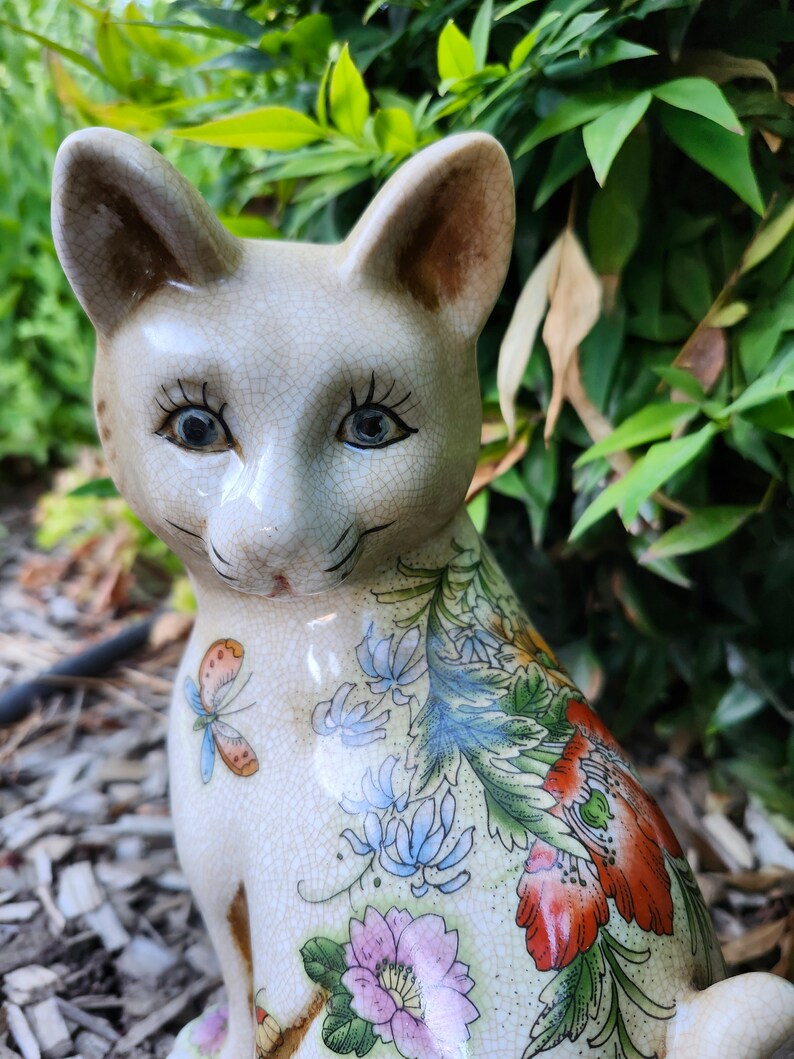 Ceramic Cat Statue With Crackle Glaze and Flowers in Red, Gold, Light ...