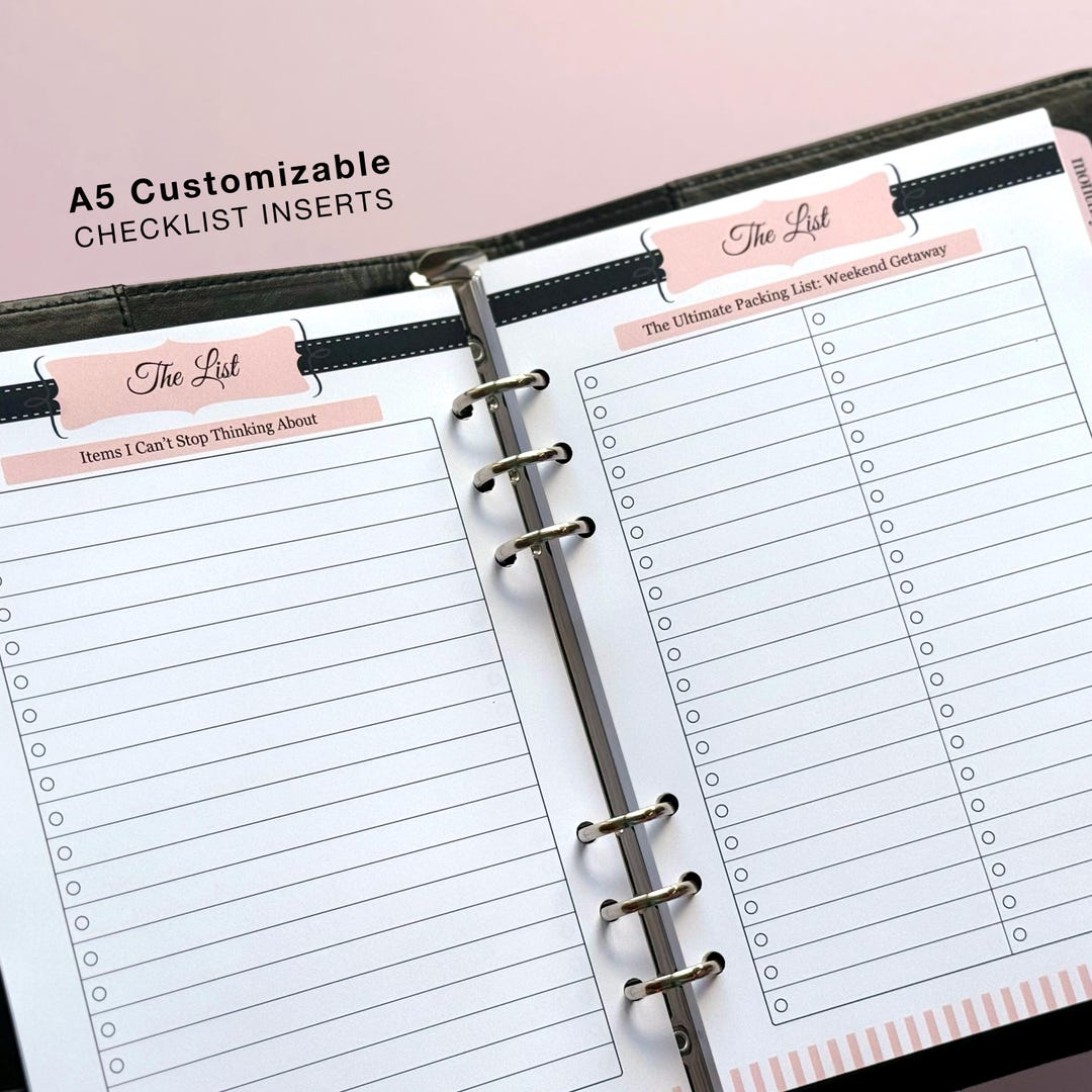 Printed A5 Checklist Inserts Punched for 6-ring Binders With Option to ...