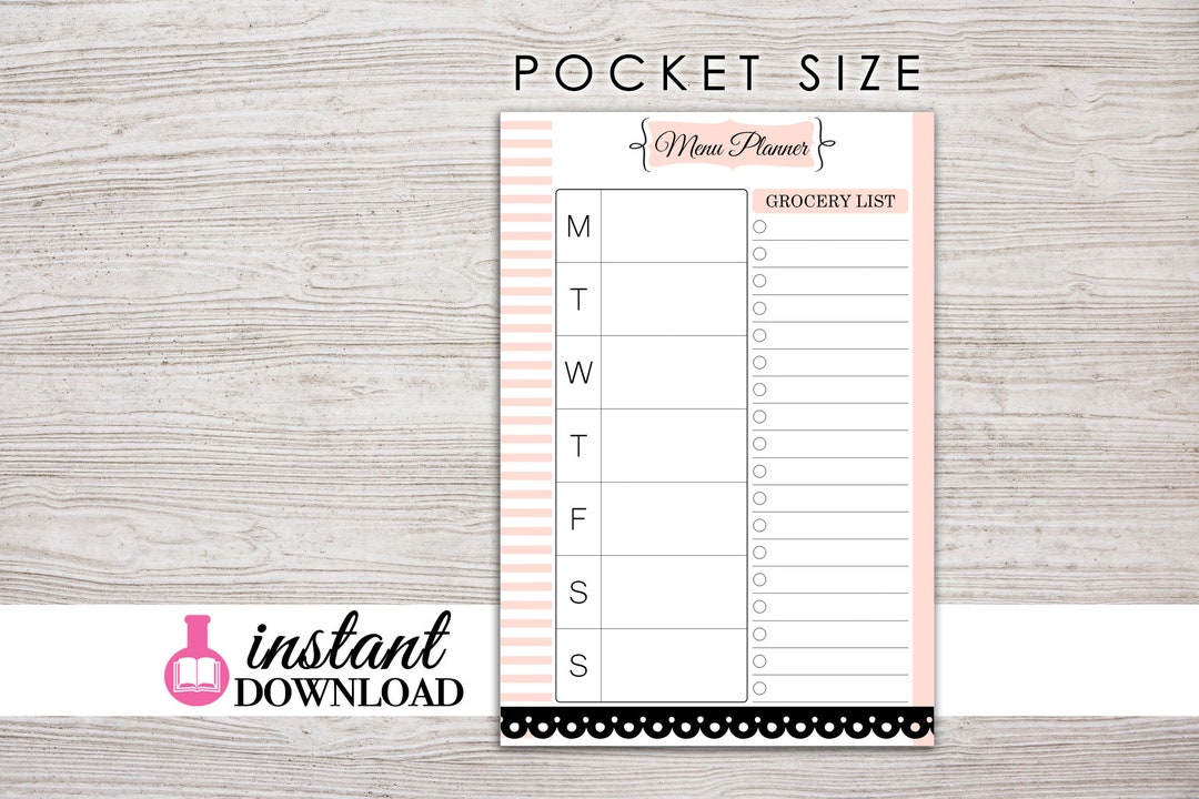 Printable Pocket Inserts Menu Planner Grocery List Filofax Pocket Kikki ...