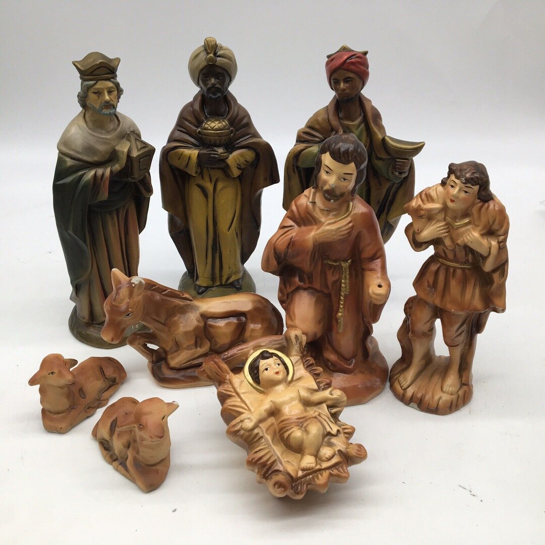 Vtg Nativity Set Figures Made in Japan Large 9 Pc Chalk Ware ...
