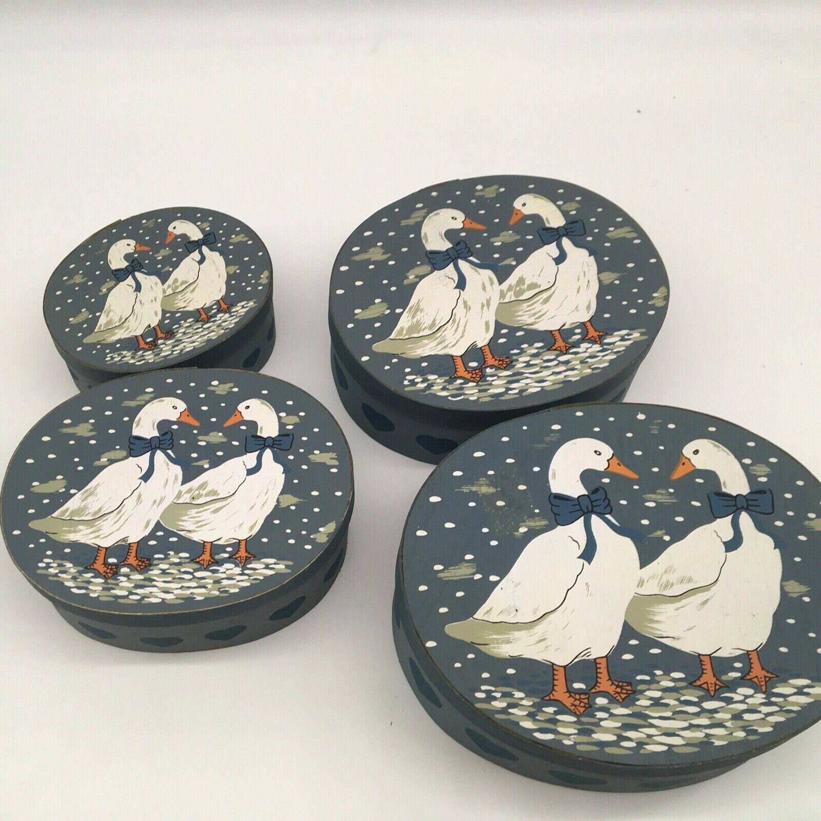 Vtg Handmade Painted Wooden Nesting Box Set Ducks Blue With Hearts ...