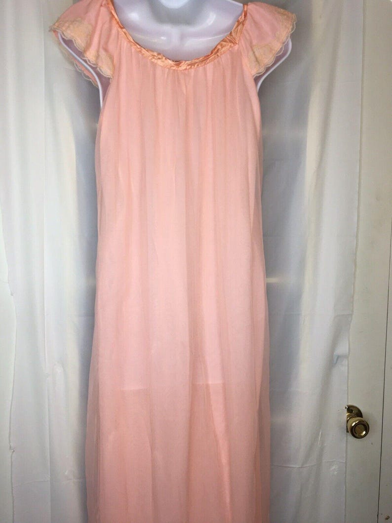 Vtg Long Nightgown Nightie Chiffon Layered Peach Sleeveless Sz S Cap ...