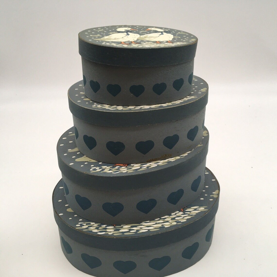 Vtg Handmade Painted Wooden Nesting Box Set Ducks Blue With Hearts ...