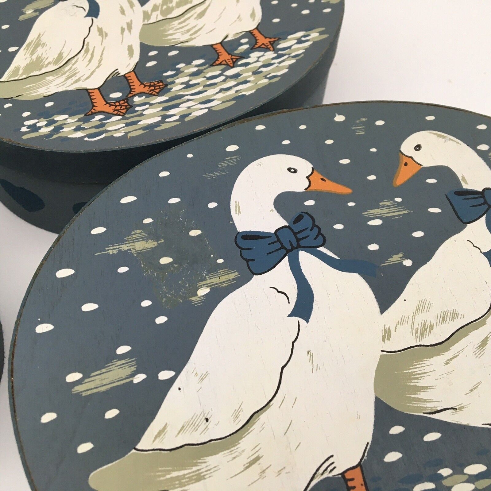 Vtg Handmade Painted Wooden Nesting Box Set Ducks Blue With Hearts ...