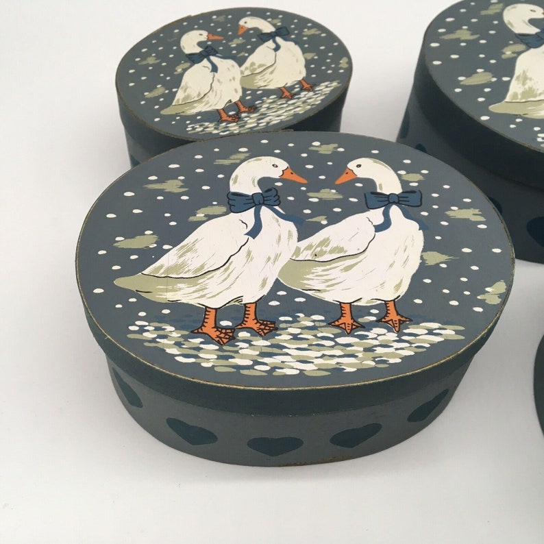 Vtg Handmade Painted Wooden Nesting Box Set Ducks Blue With Hearts ...