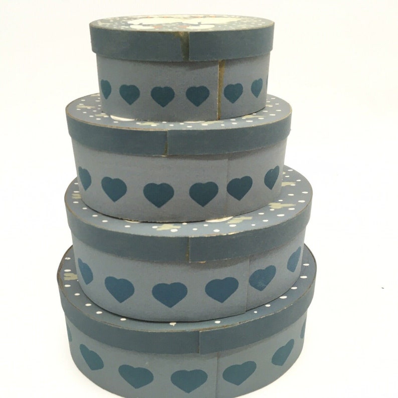 Vtg Handmade Painted Wooden Nesting Box Set Ducks Blue With Hearts ...