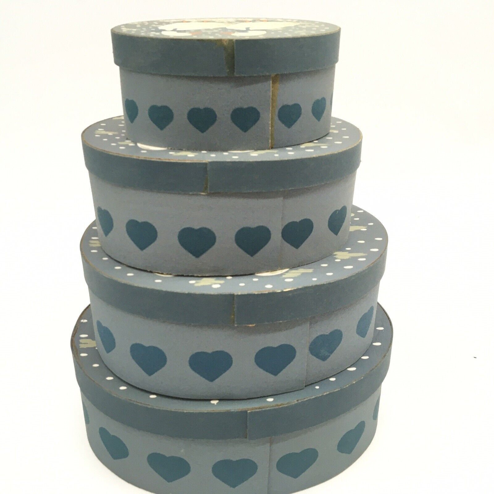 Vtg Handmade Painted Wooden Nesting Box Set Ducks Blue With Hearts ...