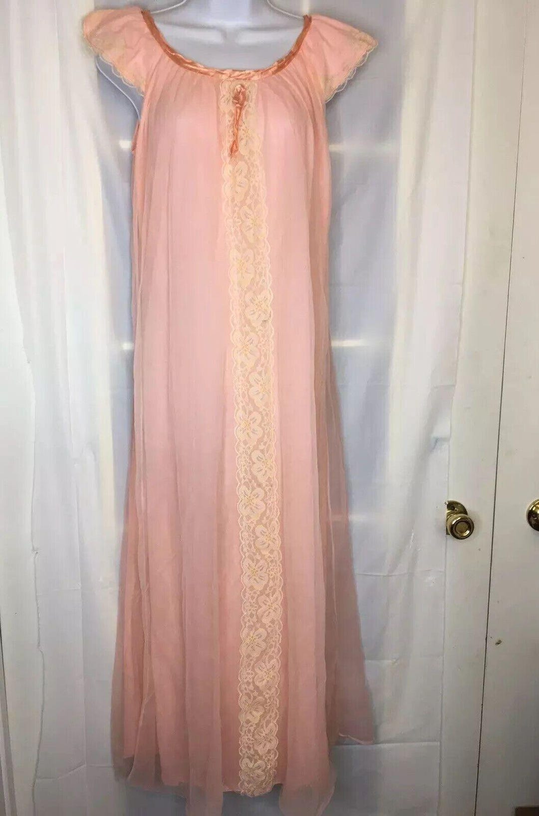 Vtg Long Nightgown Nightie Chiffon Layered Peach Sleeveless Sz S Cap ...