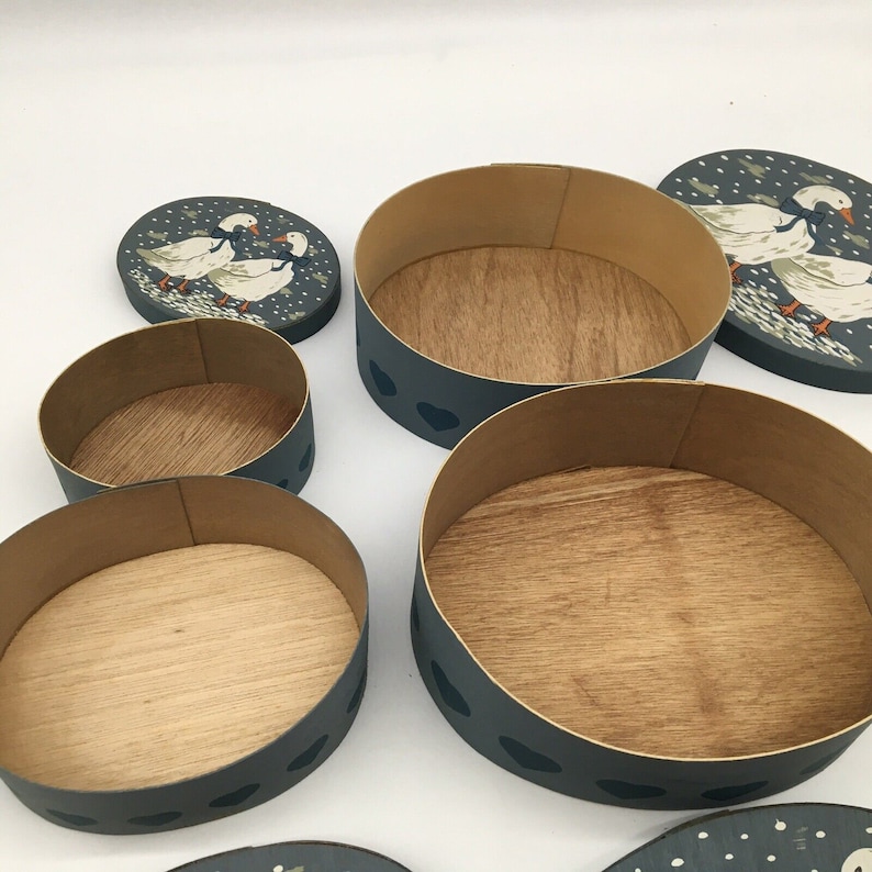Vtg Handmade Painted Wooden Nesting Box Set Ducks Blue With Hearts ...