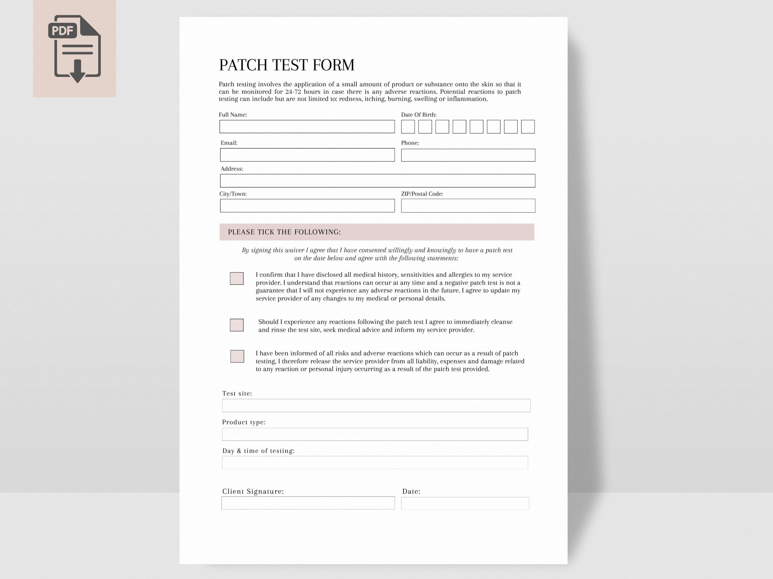 Patch Test Consent Form Client Patch Test Consent Form Beauty Treatment ...