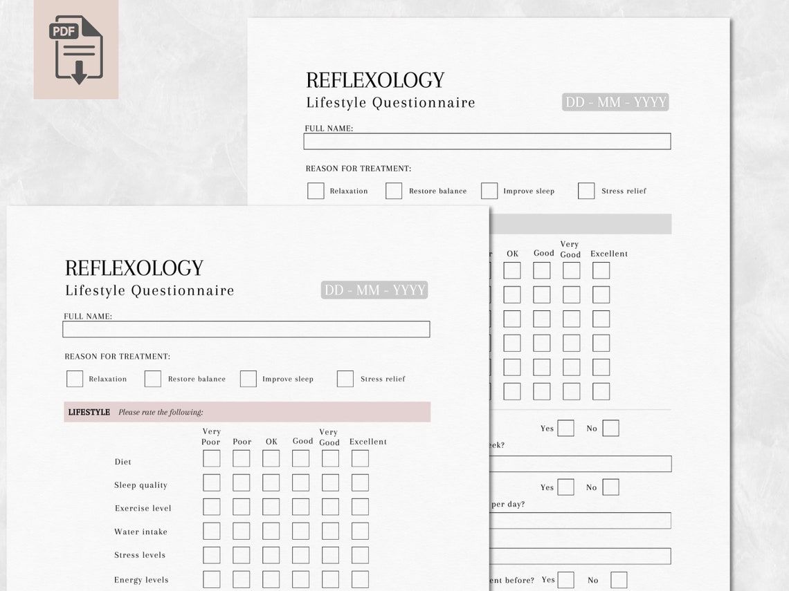Reflexology Lifestyle Questionnaire Spa Health Questionnaire Salon Spa ...