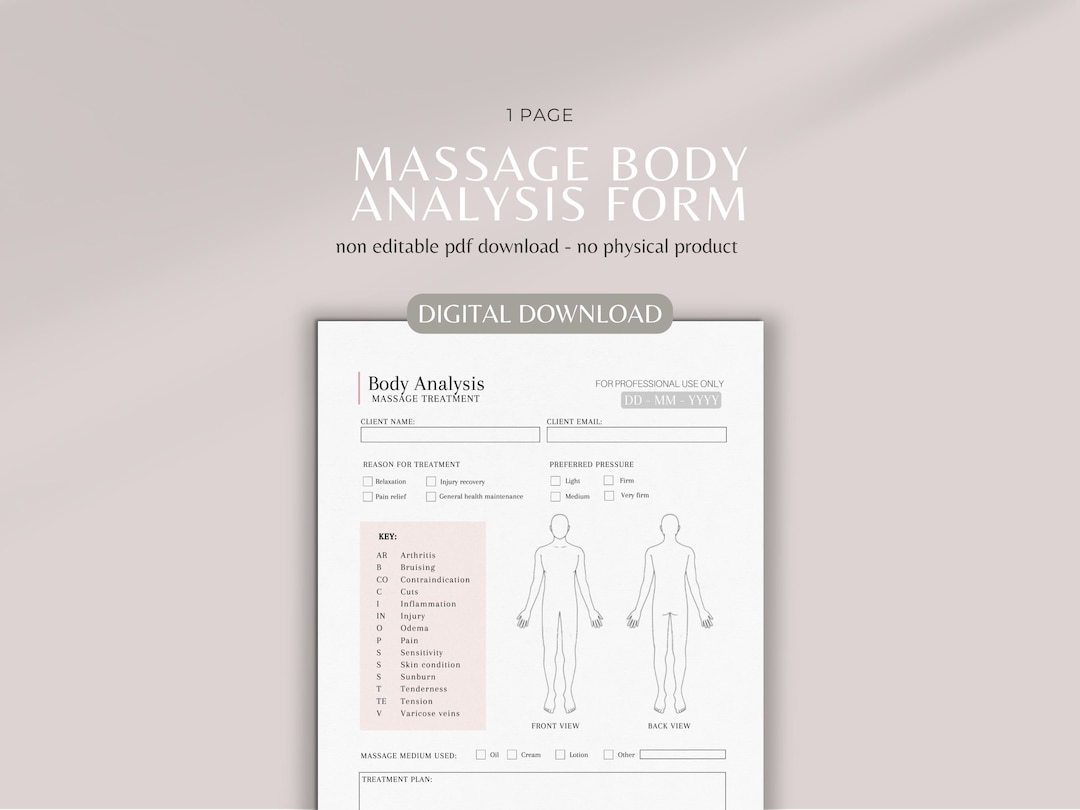 Massage Body Analysis Printable Form | Digital Form | Massage Therapy ...