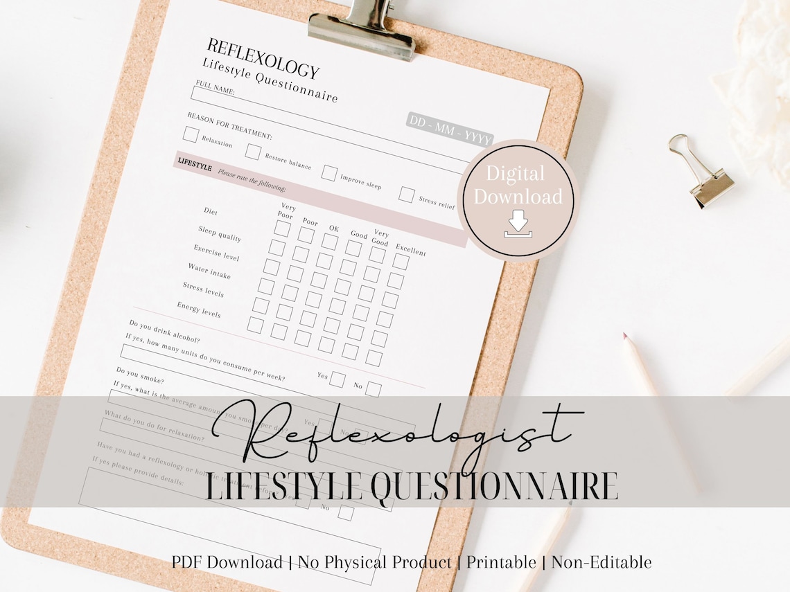 Reflexology Lifestyle Questionnaire Spa Health Questionnaire - Etsy UK