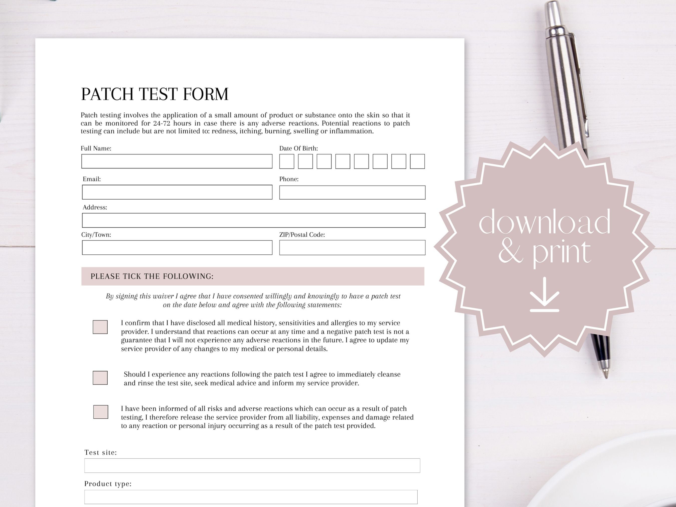 Patch Test Consent Form Client Patch Test Consent Form Beauty Treatment ...