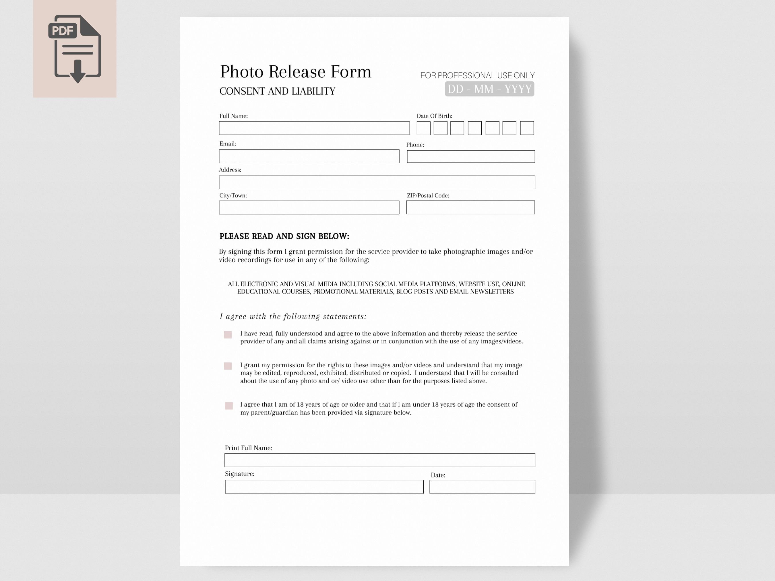 Salon Photo Release Printable Form | Beauty Photography Release Form ...